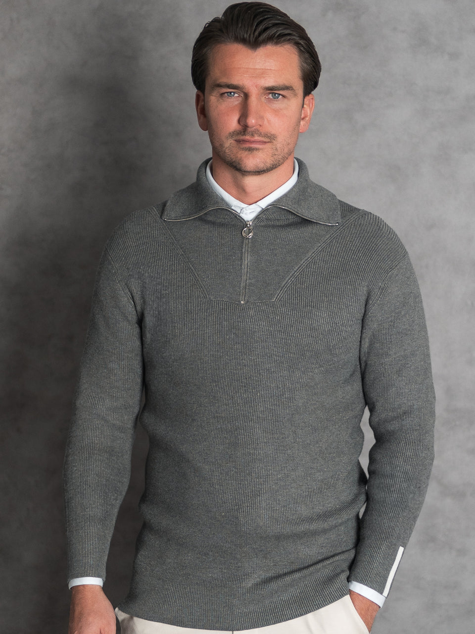 ZUMO Slim Fit Skagen Stretch Half-Zip Ribbed Pullover GreyCoffee – Zumo